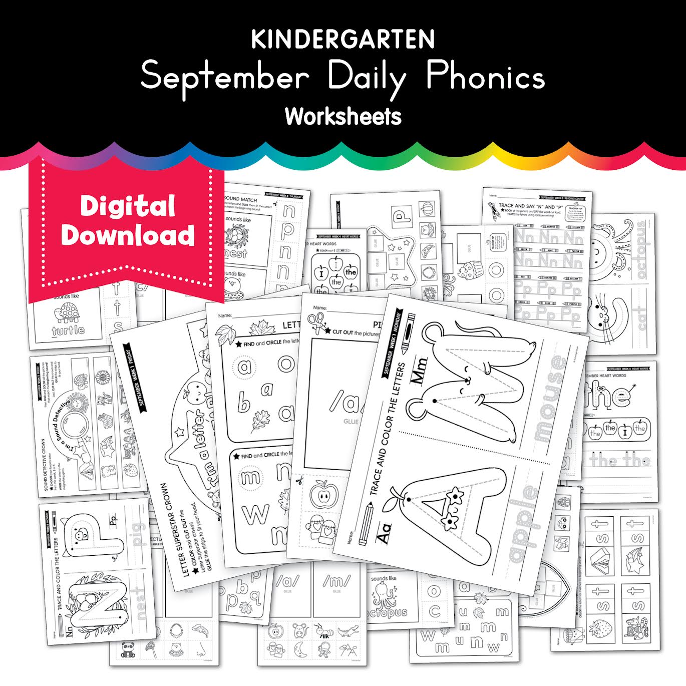 Kindergarten September Daily Phonics Worksheets - Playground Press