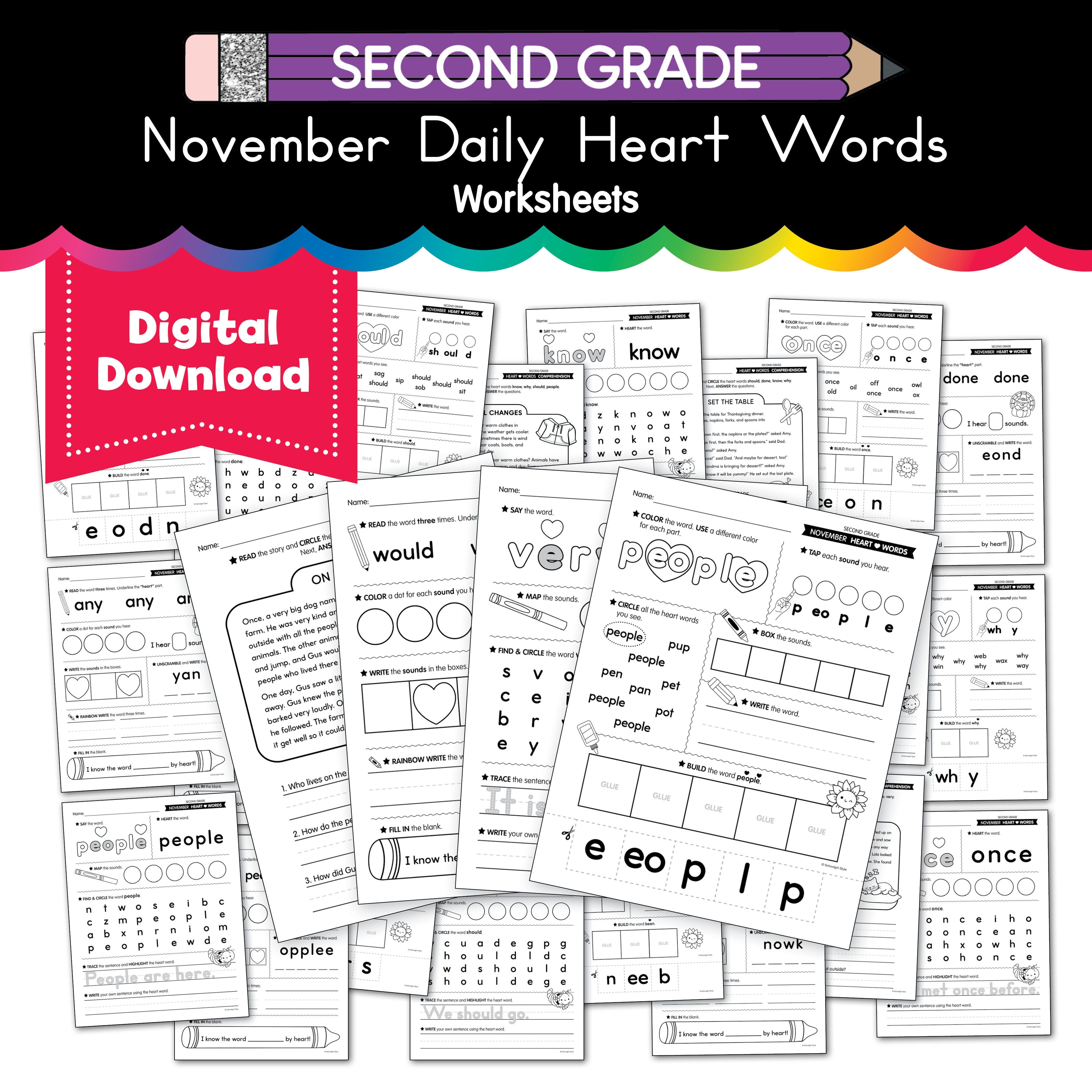 Printable Second Grade November Daily Heart Words - Playground Press