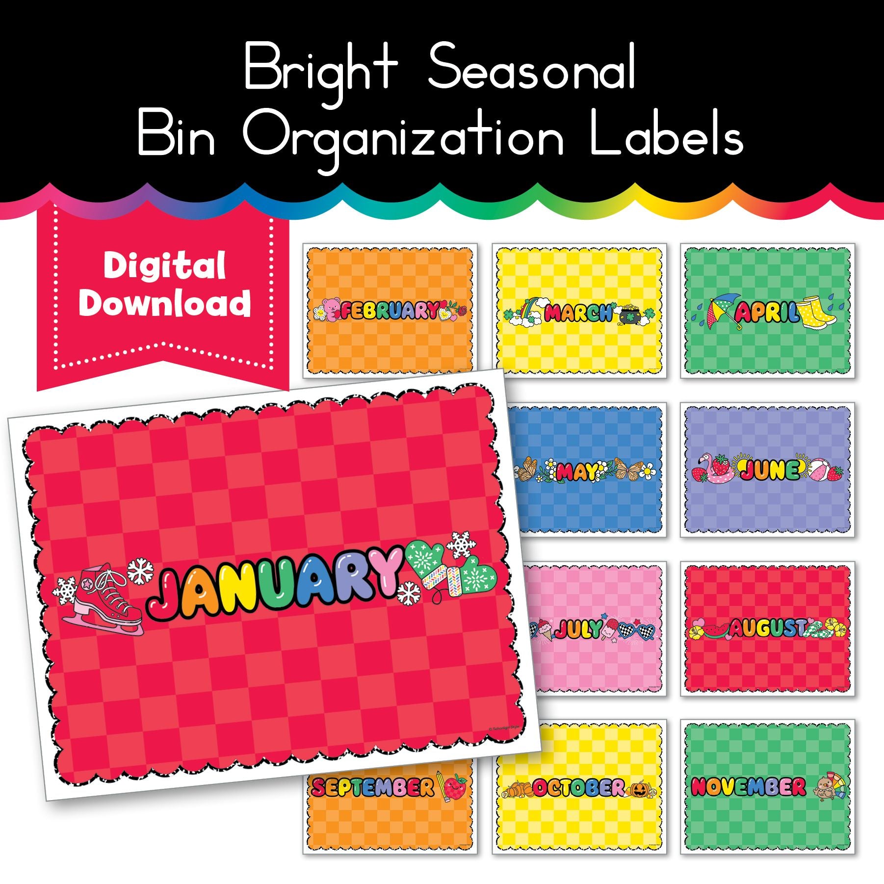 Bright Seasonal Bin Organizational Labels - Playground Press