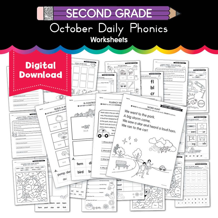 Printable Second Grade October Daily Phonics Worksheets - Playground Press