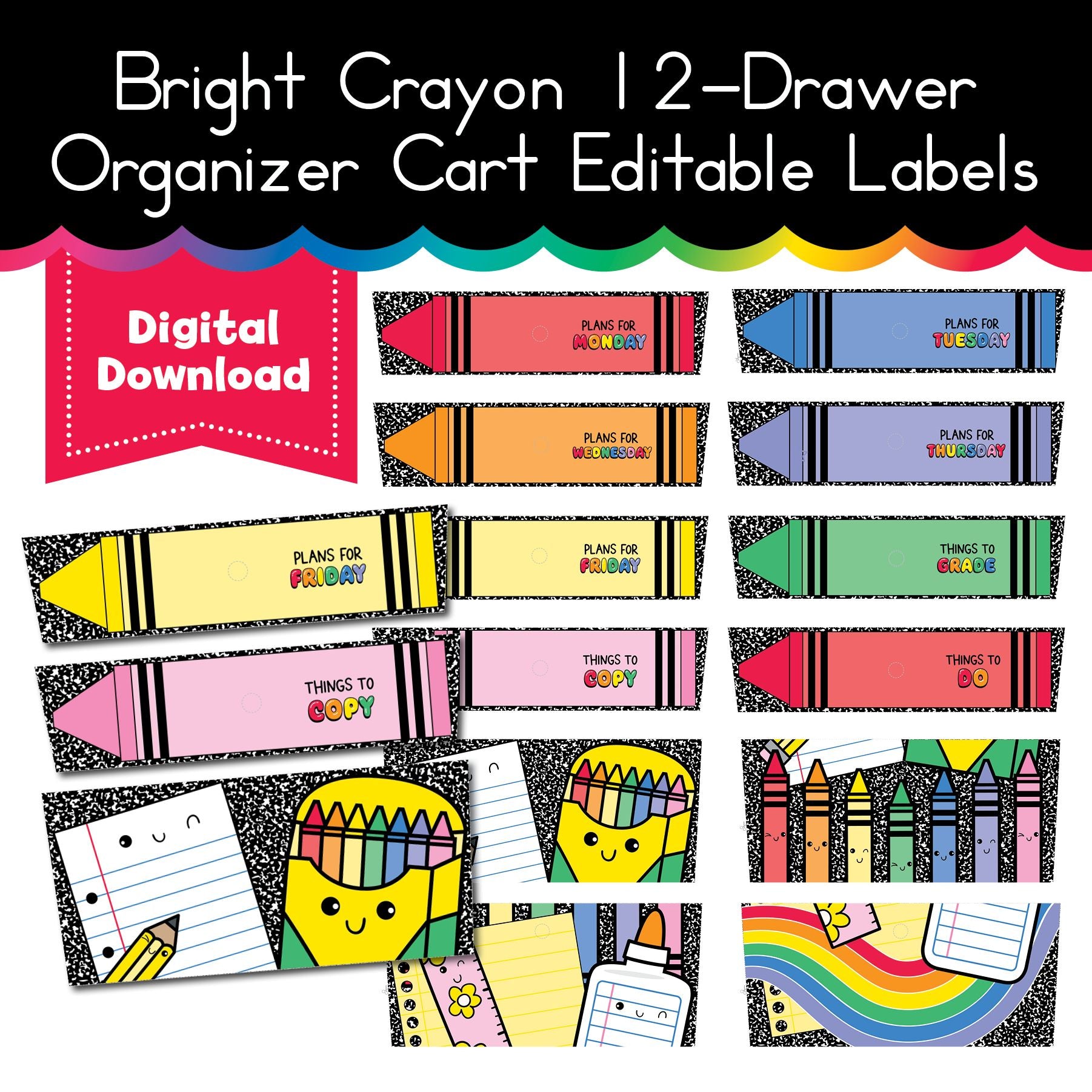 Bright Crayon 12 Drawer Organizer Cart Editable Labels - Playground Press