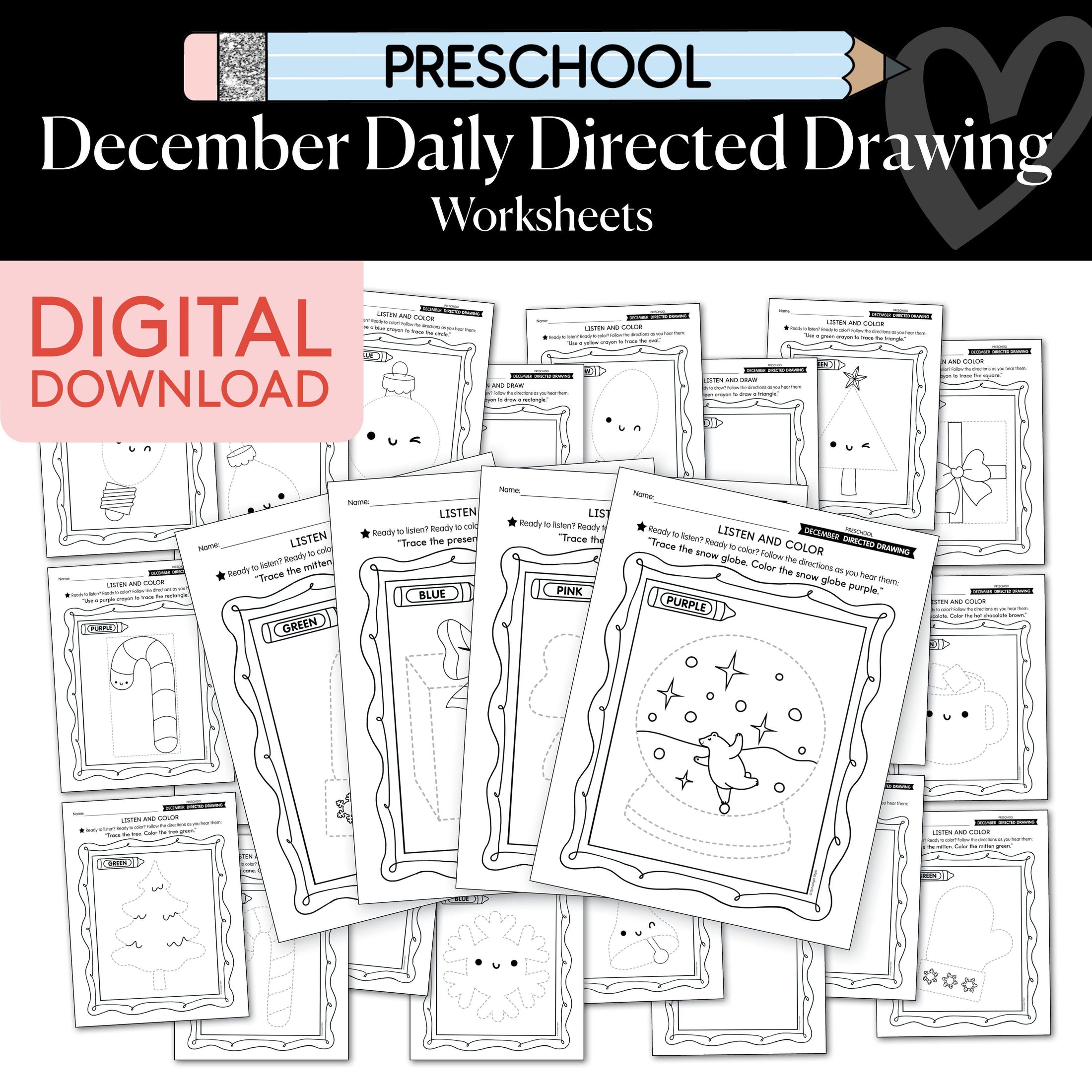 Printable Preschool December Directed Drawing Worksheets - Playground Press