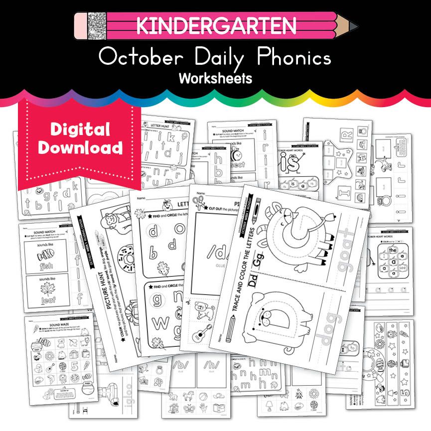 Printable Kindergarten October Daily Phonics Worksheets - Playground Press