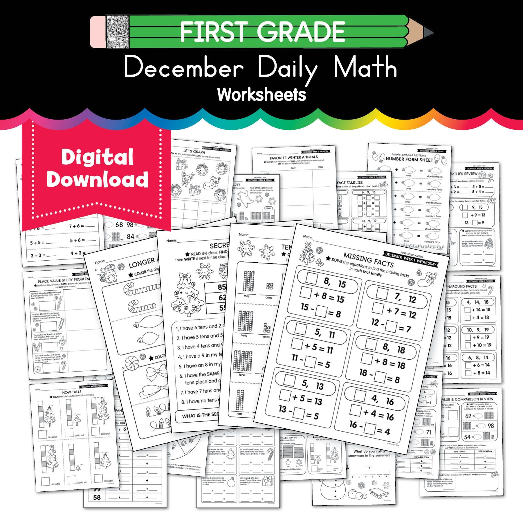 Printable First Grade December Daily Math Worksheets - Playground Press