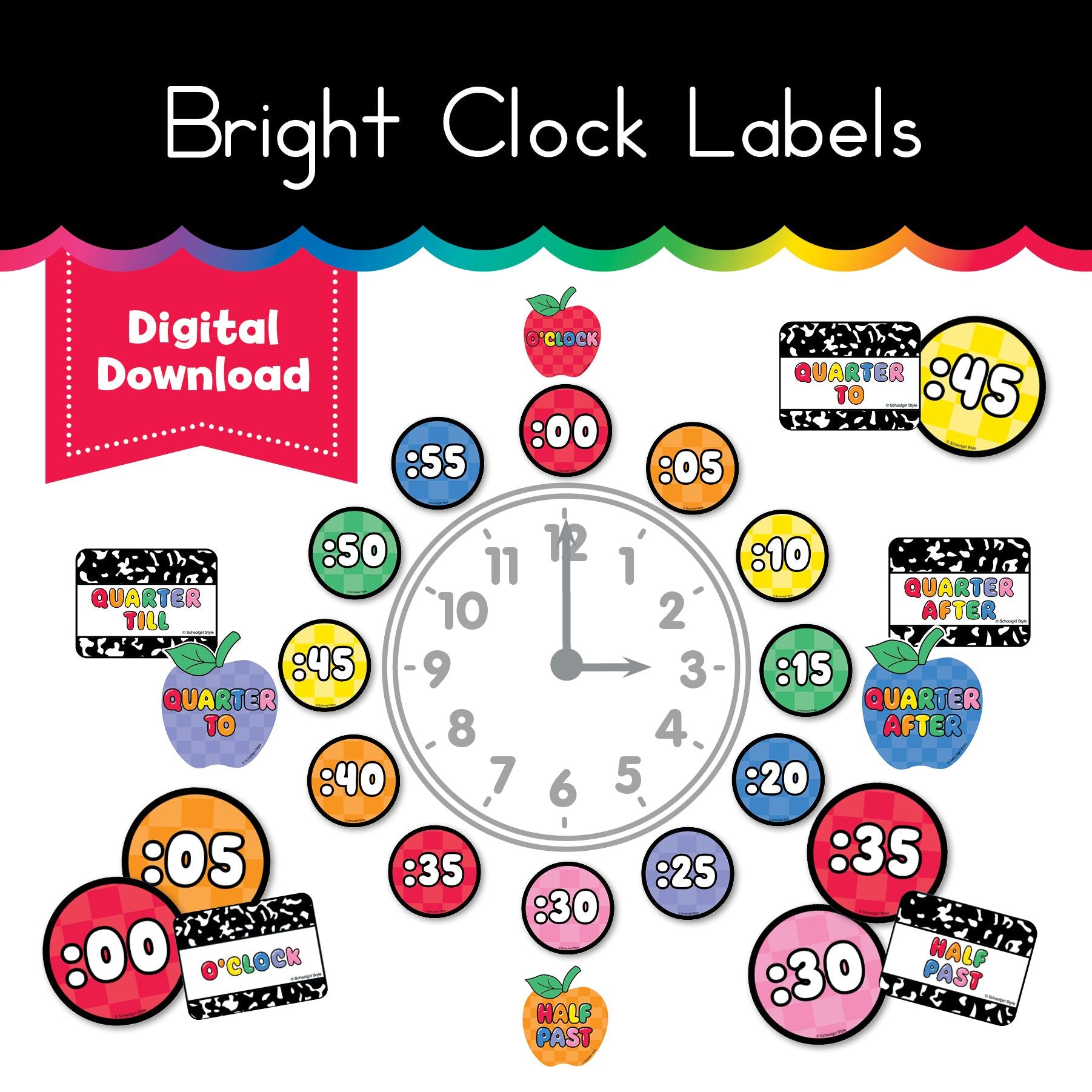 Bright Clock Labels - Playground Press