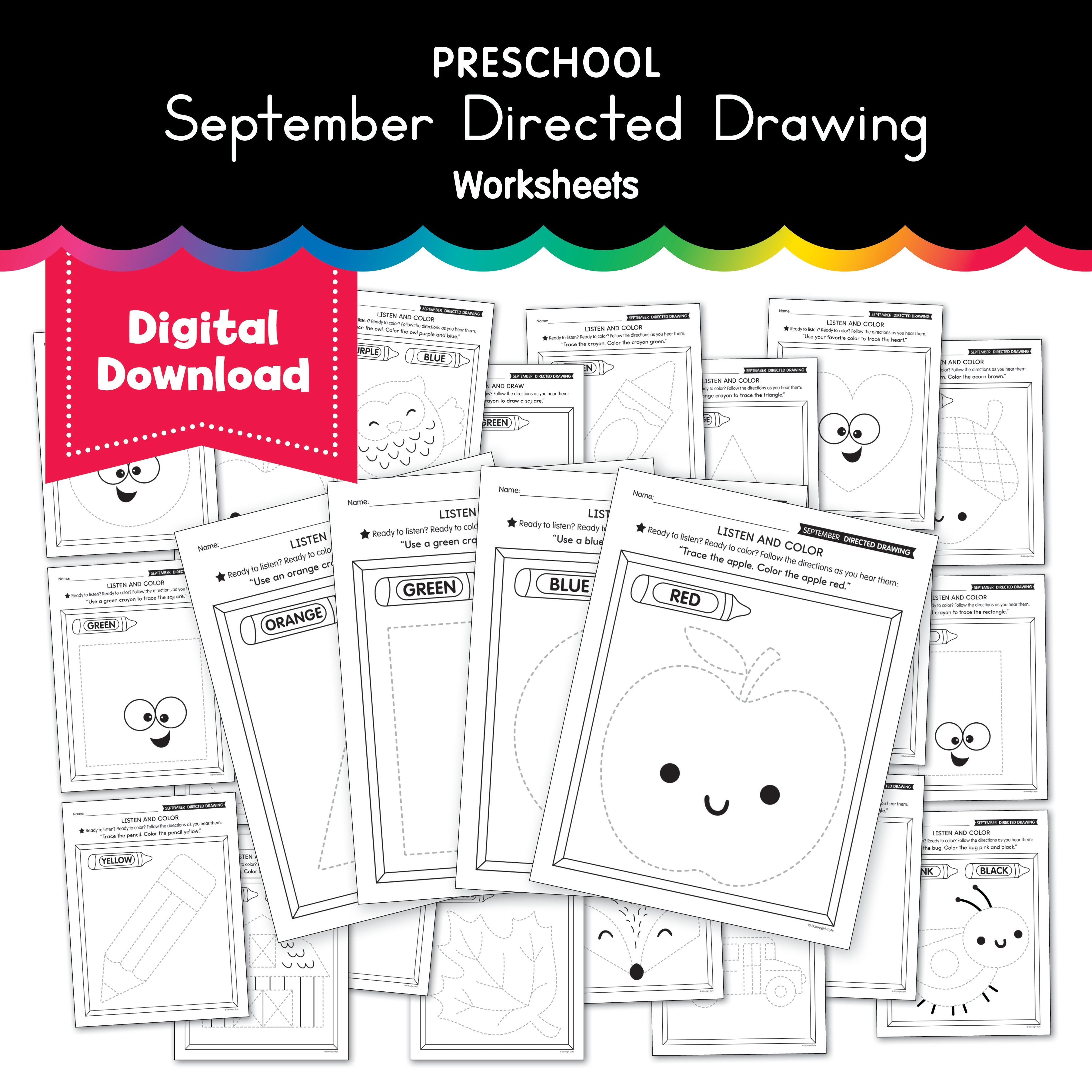 Preschool September Directed Drawing Worksheets - Playground Press