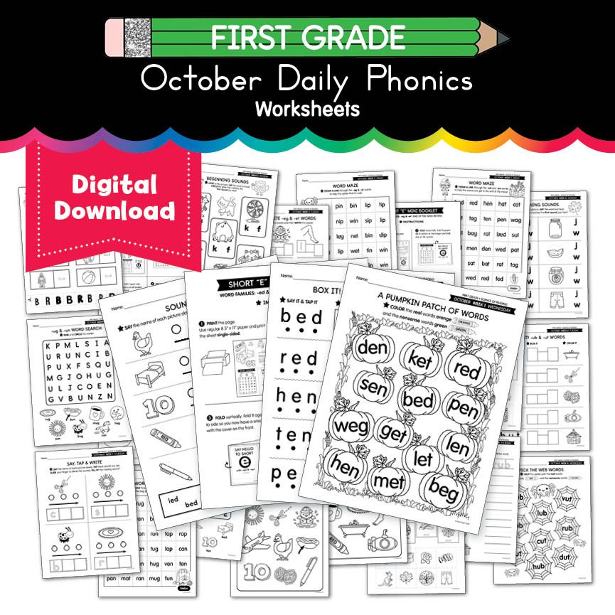 Printable First Grade October Daily Phonics Worksheets - Playground Press