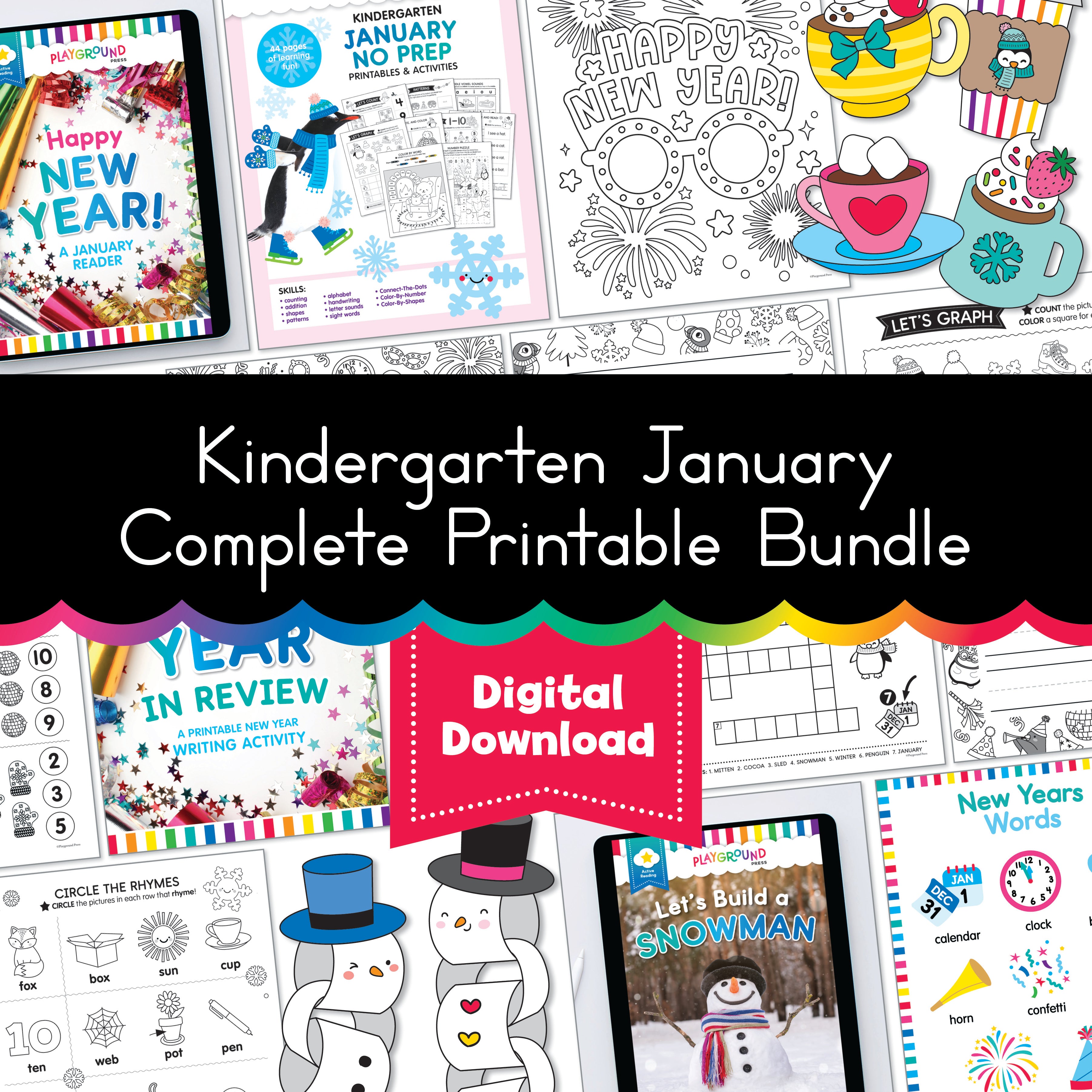 Kindergarten January No Prep Complete Printable Bundle - Playground Press