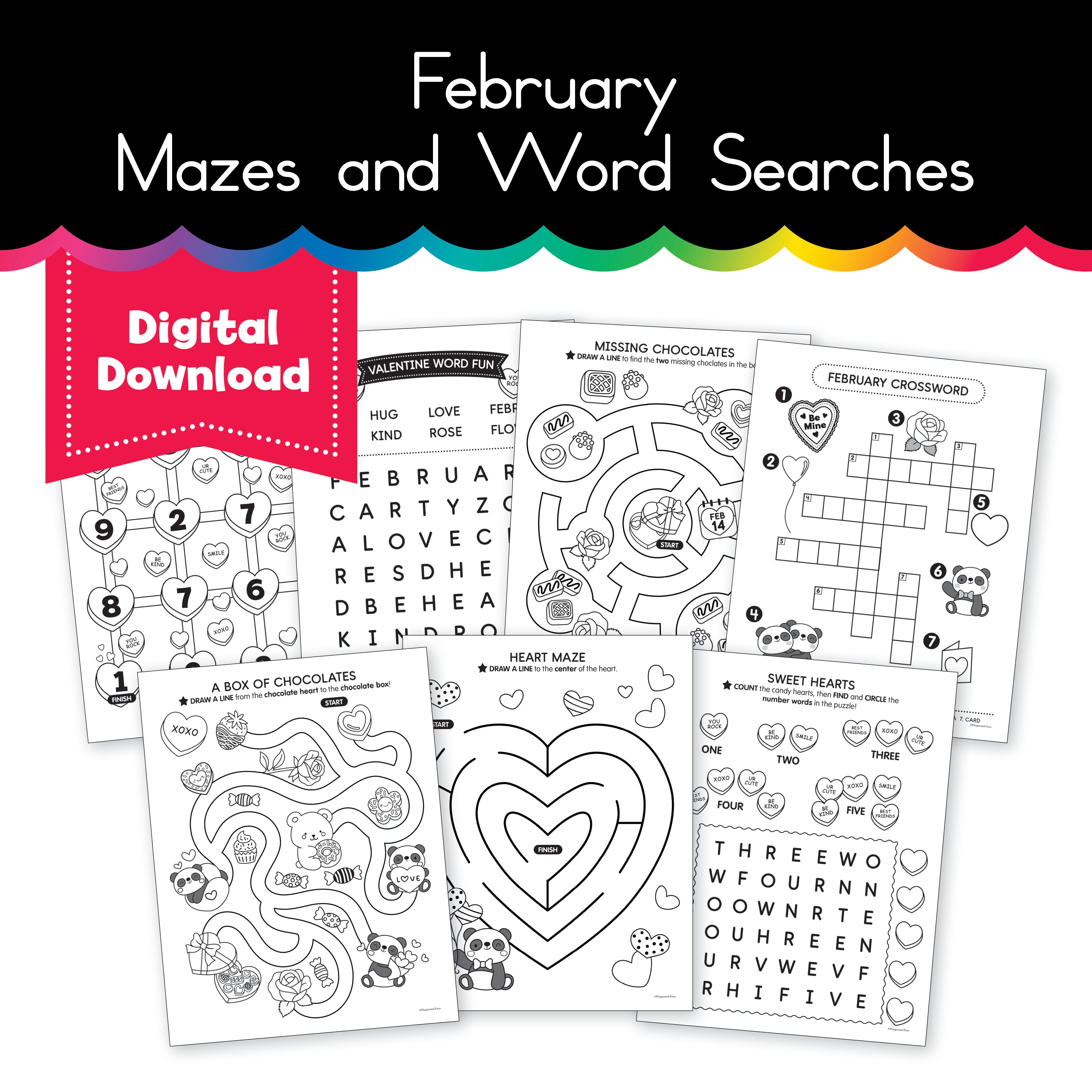 February Mazes and Word Searches Activity Pack - Playground Press