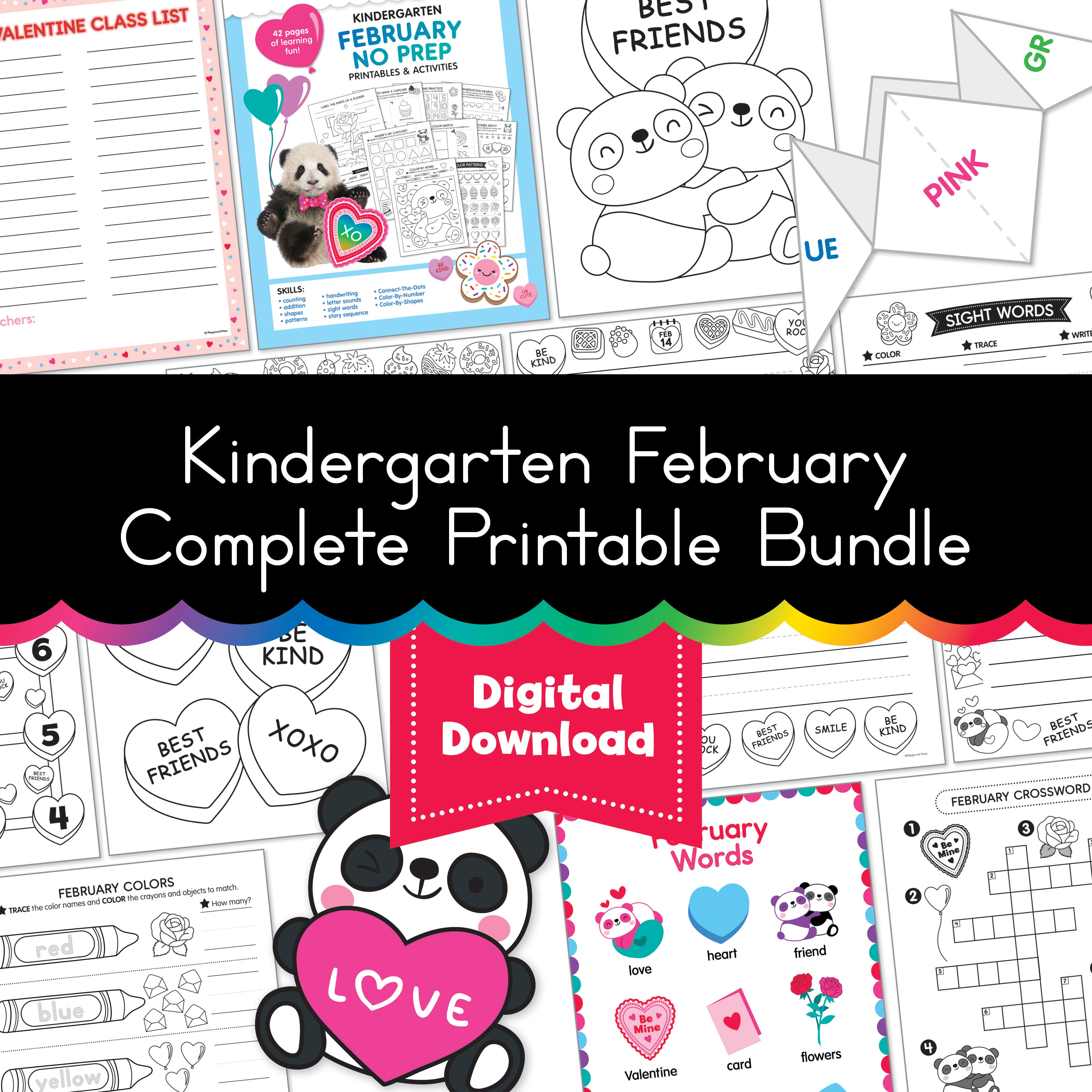 Kindergarten February No Prep Complete Printable Bundle - Playground Press