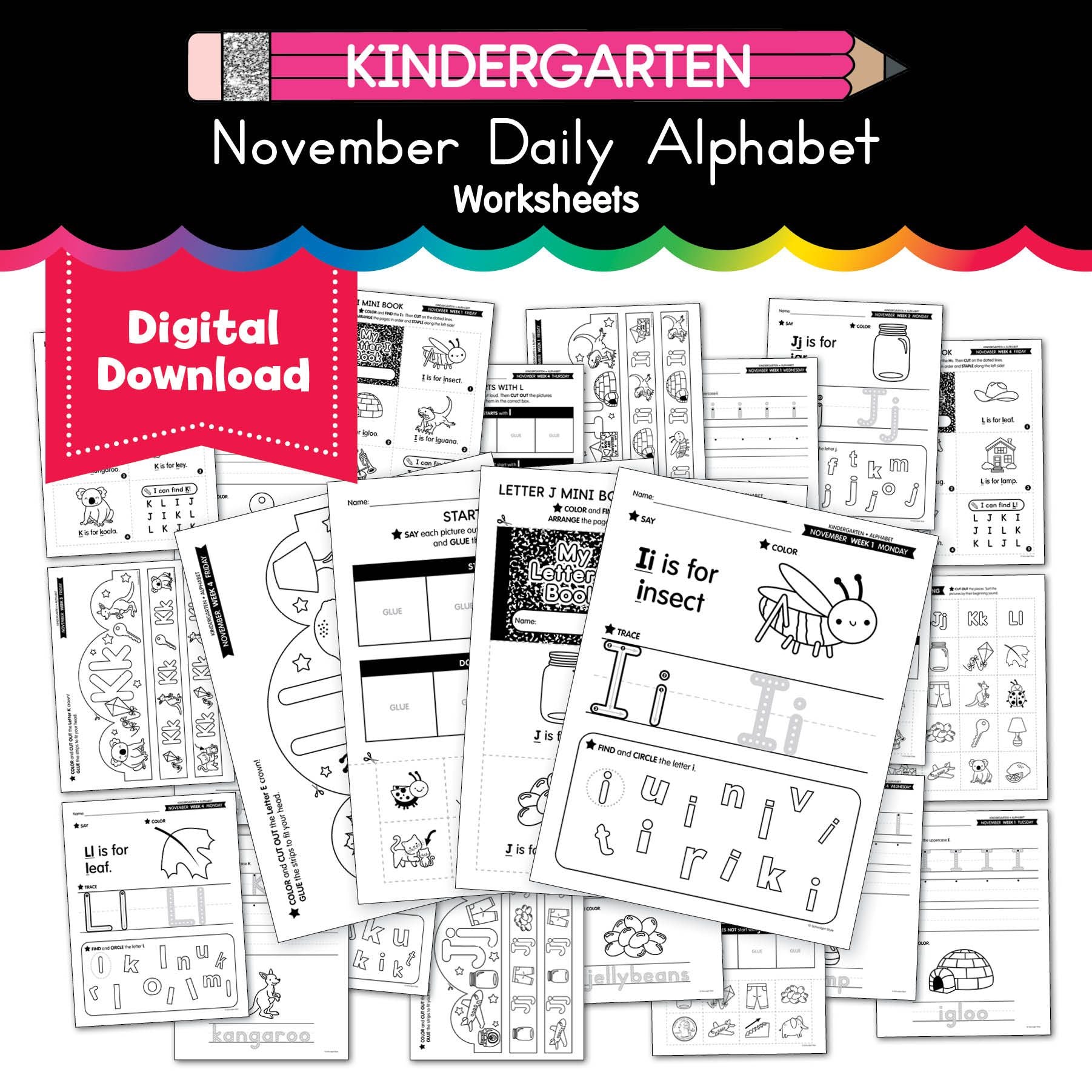 Printable Kindergarten November Daily Alphabet I-L - Playground Press