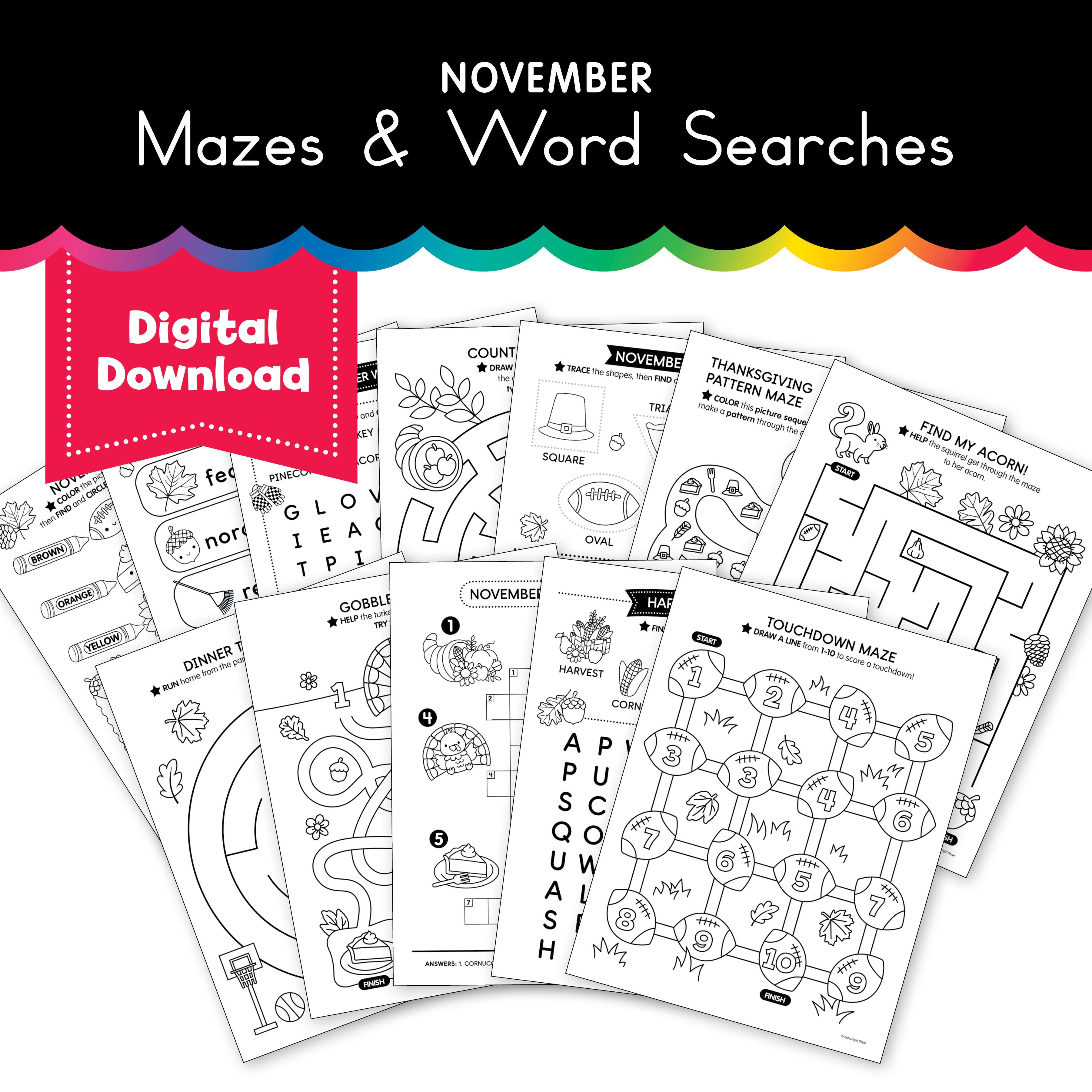 Printable November Mazes and Word Searches - Playground Press