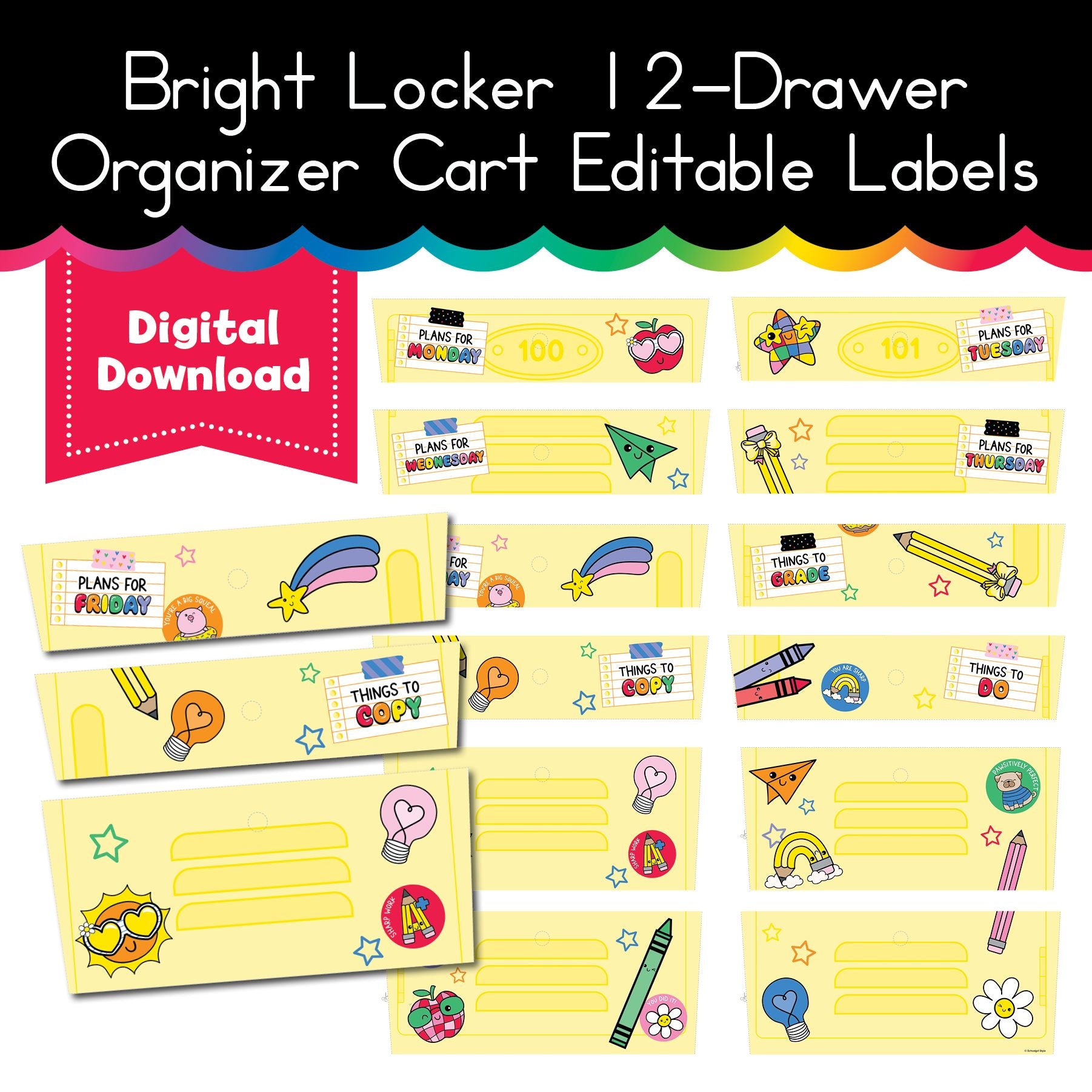 Bright Locker 12 Drawer Organizer Cart Editable Labels - Playground Press