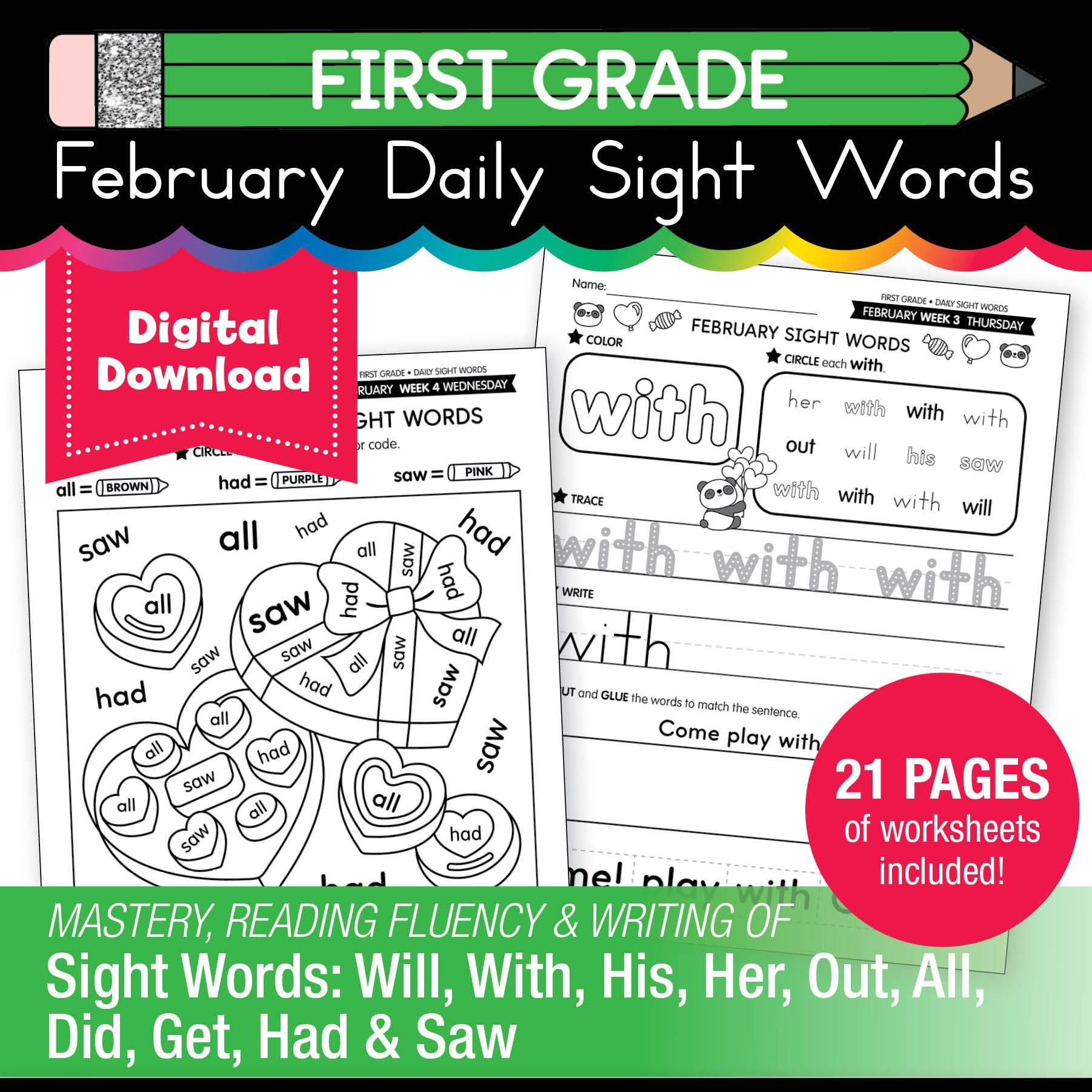 Printable First Grade February Daily Sight Words - Playground Press