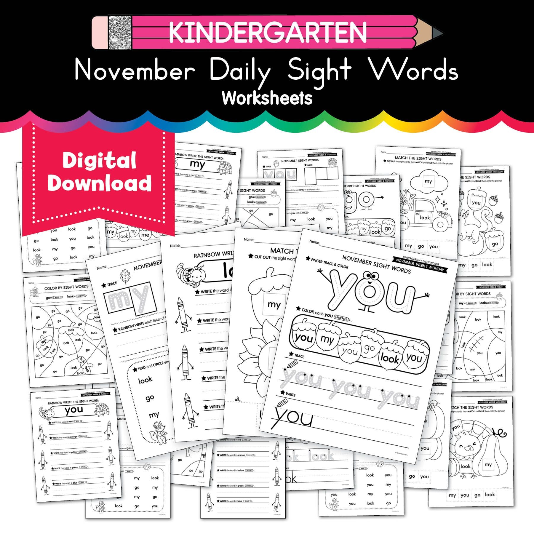 Printable Kindergarten November Daily Sight Words - Playground Press