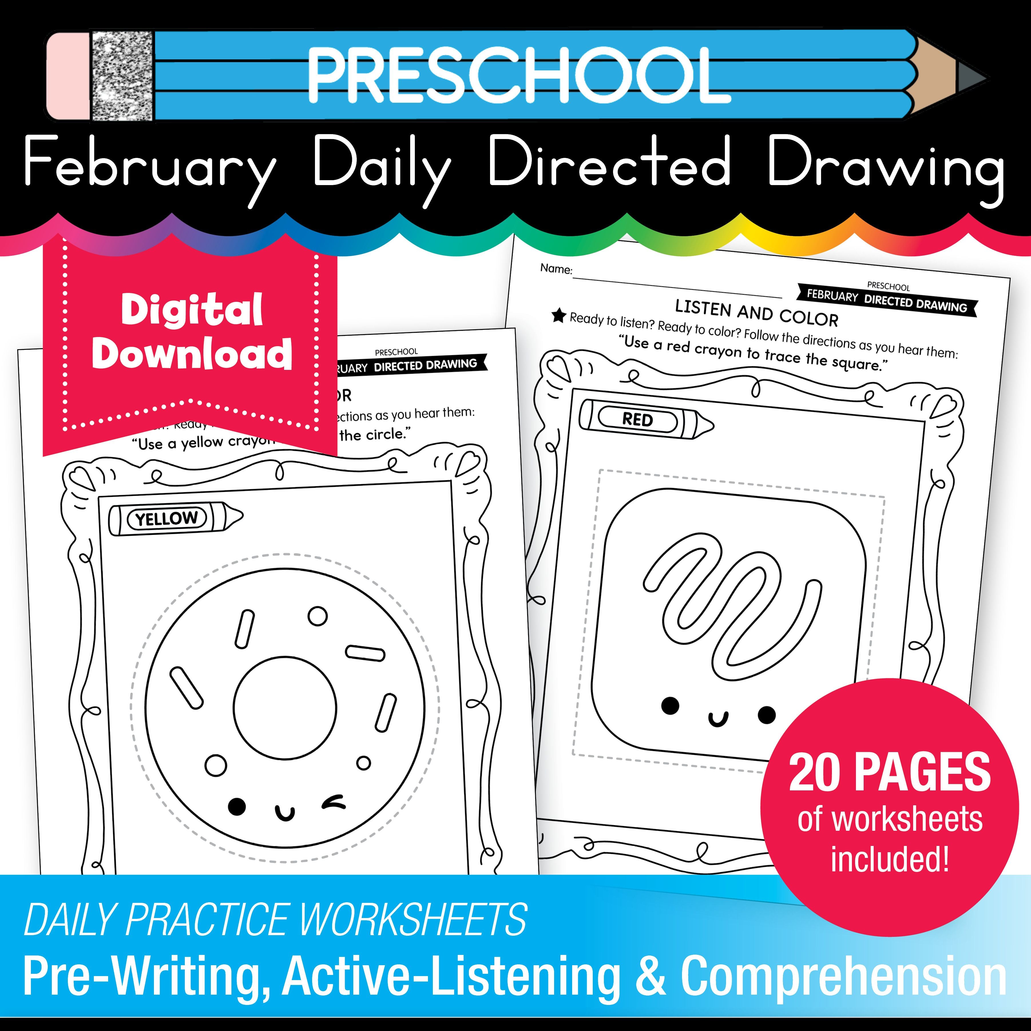 Printable Preschool February Directed Drawing Worksheets - Playground Press
