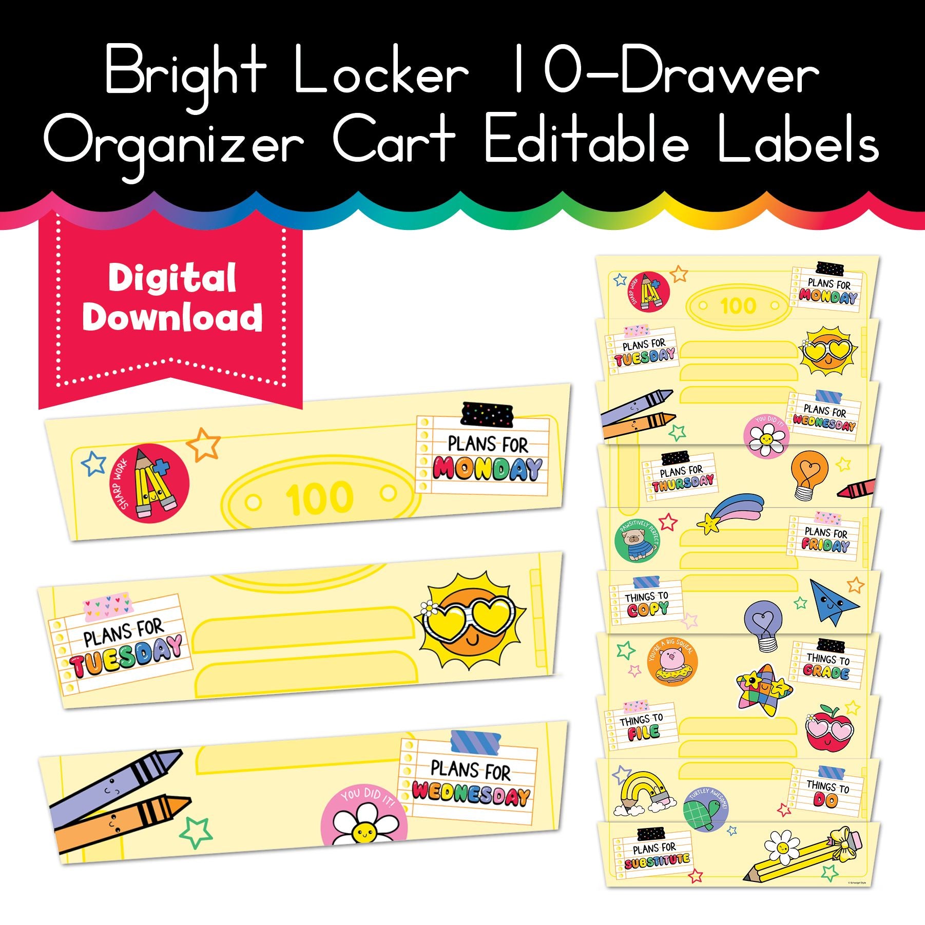 Bright Locker 10 Drawer Organizer Cart Editable Labels - Playground Press