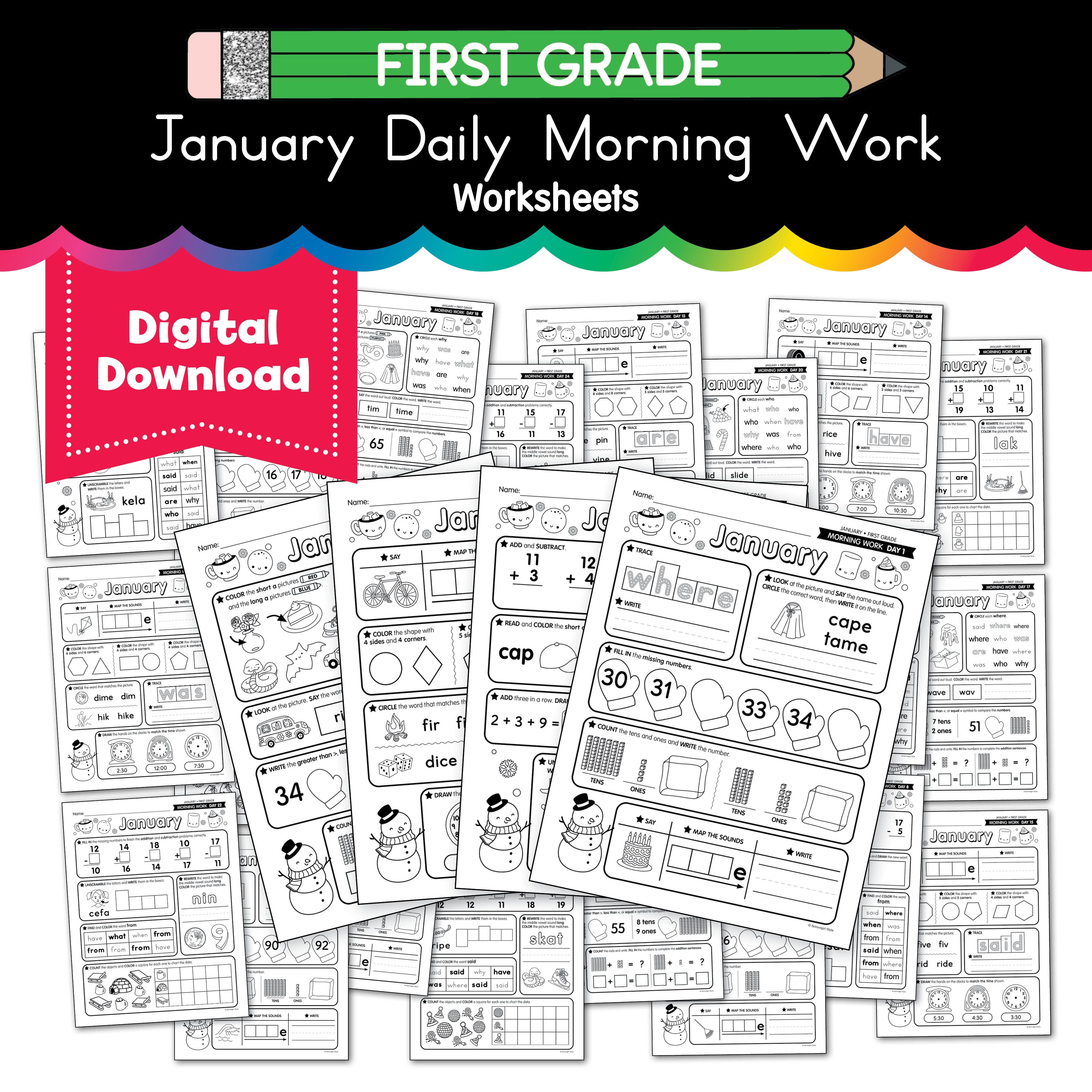 Printable First Grade January Daily Morning Work - Playground Press