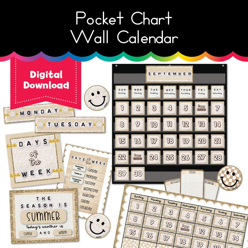 Neutral Pocket Chart Wall Calendar | Printable Resource - Playground Press