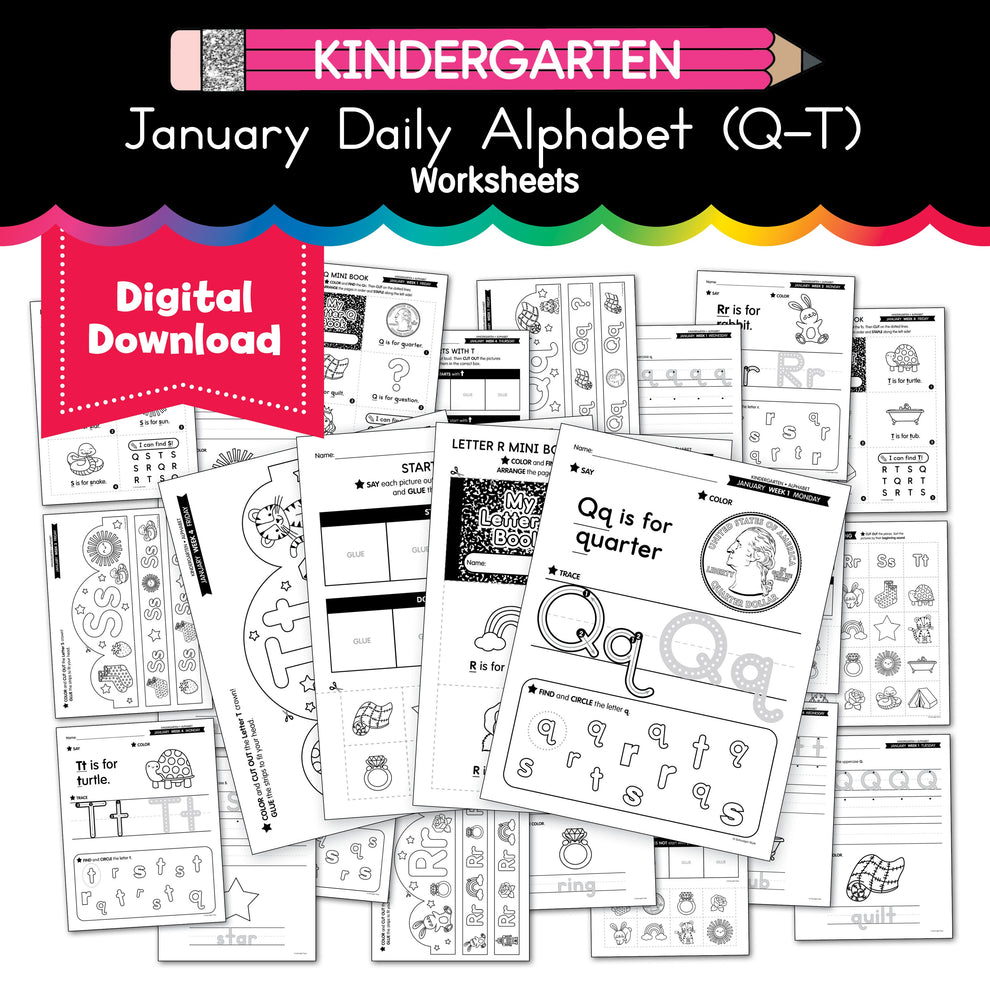 Printable Kindergarten January Daily Alphabet (Q-T) - Playground Press
