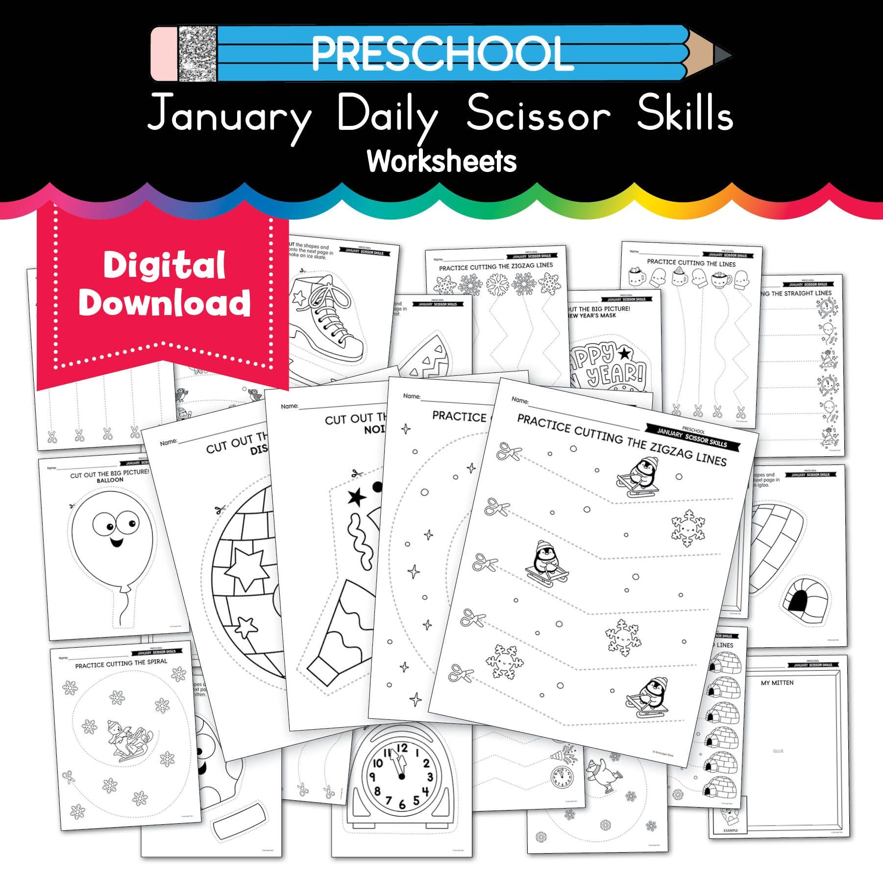 Printable Preschool January Daily Scissor Skills - Playground Press
