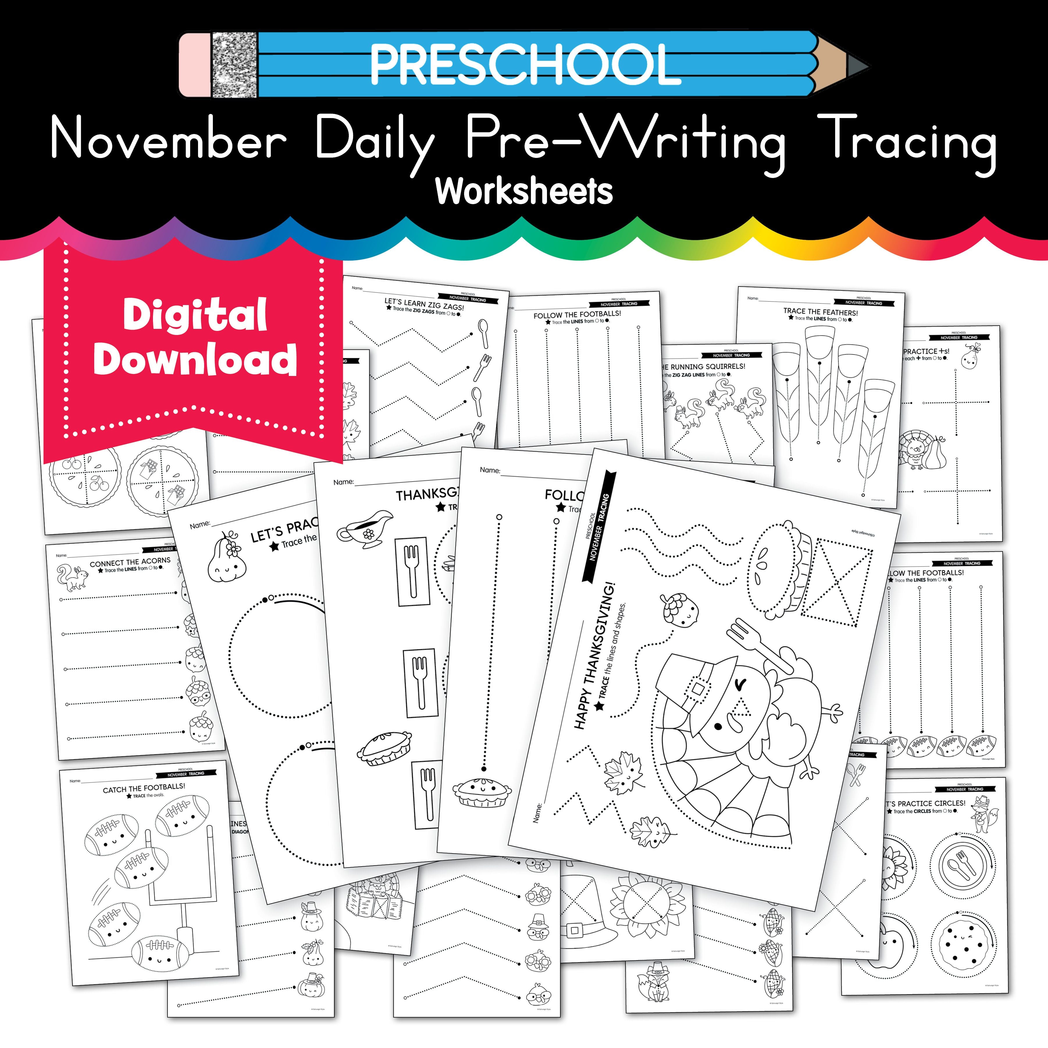 Printable Preschool November Daily Pre-Writing Tracing - Playground Press