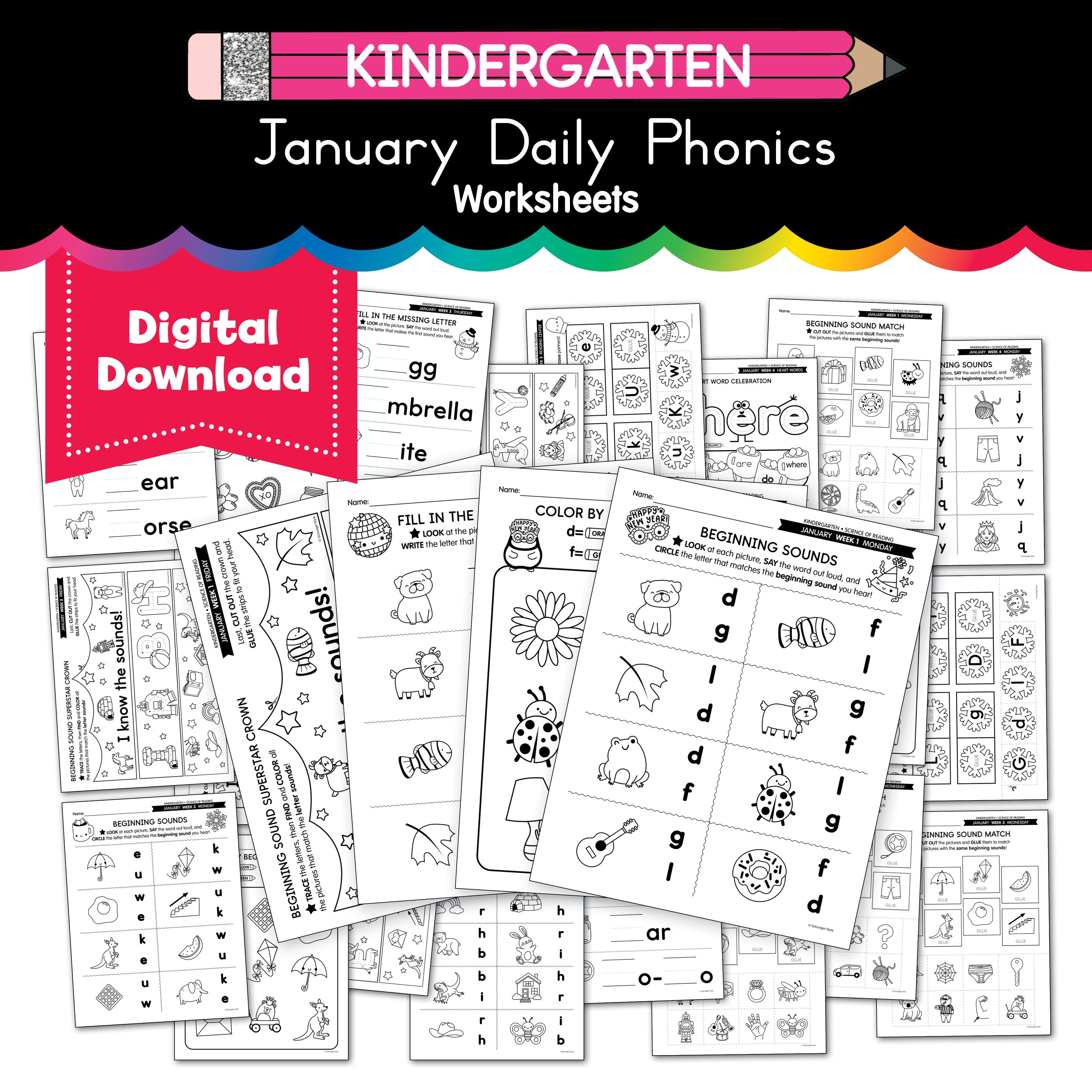 Printable Kindergarten January Daily Phonics - Playground Press