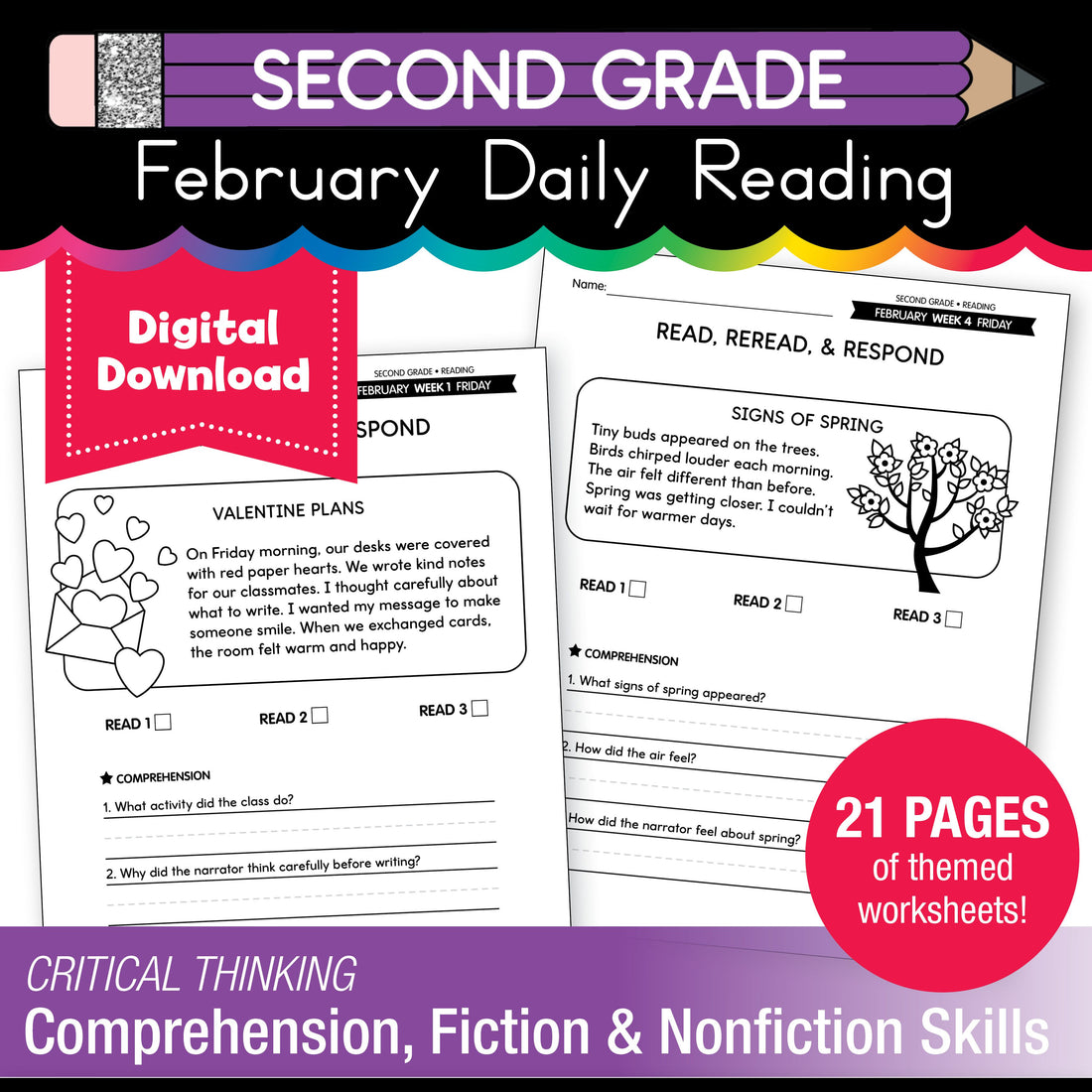 Printable Second Grade February Daily Reading - Playground Press